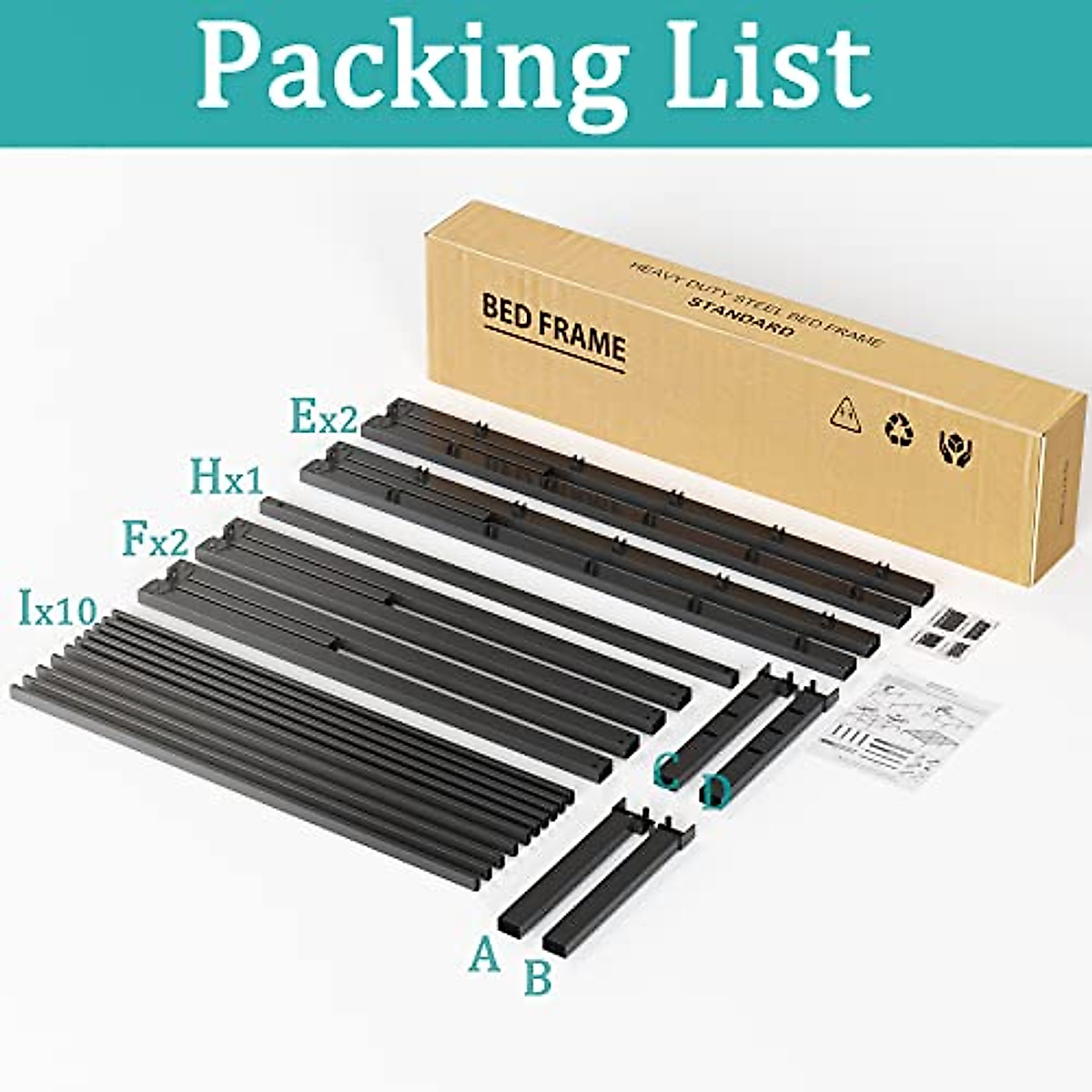 Kydins Queen Size Bed Frame with Storage Headboard Compatible Black Metal Platform No Box Spring Needed 3500 Lbs Heavy Duty Platform No Noise Non-Slip Sturdy Mattress Foundation