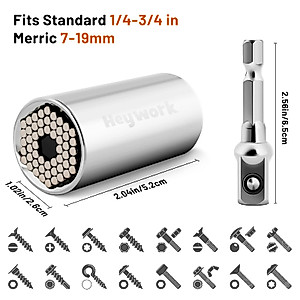 Heywork Universal Socket Tools Gifts for Men Dad, Birthday Gifts Super Socket with Power Drill Socket Adapter, Cool Gadgets for Men/Dad/Women/Husband 1/4"-3/4"（7-19mm）-Gift Box