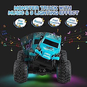 DYODYORC Remote Control Car, 2.4Ghz All Terrain Dinosaur Monster Truck Toys, RC Truck with Music, 3 Lighting Effects, 360 Stunt Capable, All included Ready to Run, Toy Gifts for Boys and Girls (Green)