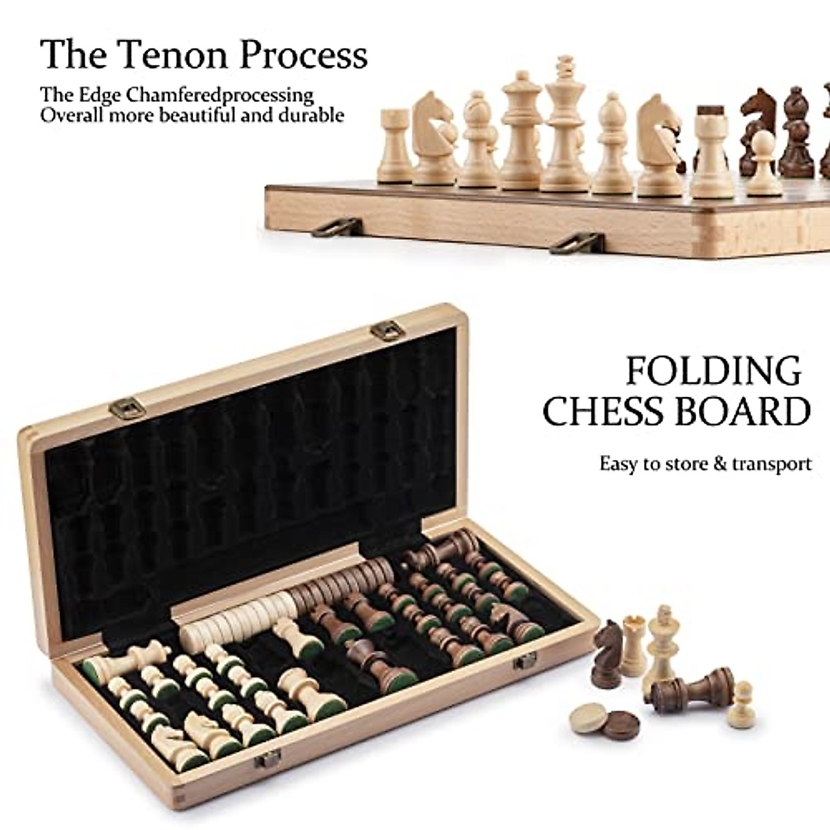 A&A 15 inch Wooden Folding Chess & Checkers Set w/ 3 inch King Height Staunton Chess Pieces / 2 Extra Queens - Beech Box w/Maple & Walnut Inlay