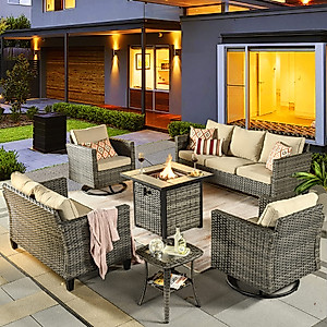 ovios 6 Pieces Patio Furniture Set with Square Fire Pit Table, Swivel Rocking Chairs, Loveseat, Outdoor High Back Wicker Rattan Conversation Set for Deck Porch, Beige
