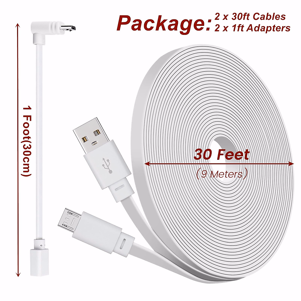 2-Pack 30ft Power Cable for Wyze Cam v4,Wyze Cam Pan v3,Wyze OG,Wyze Cam v3 Pro Security Cameras - 9m Long Flat Extension Micro USB Charging Cord with L-Shaped Short Adapter & 18W Fast Charger, White