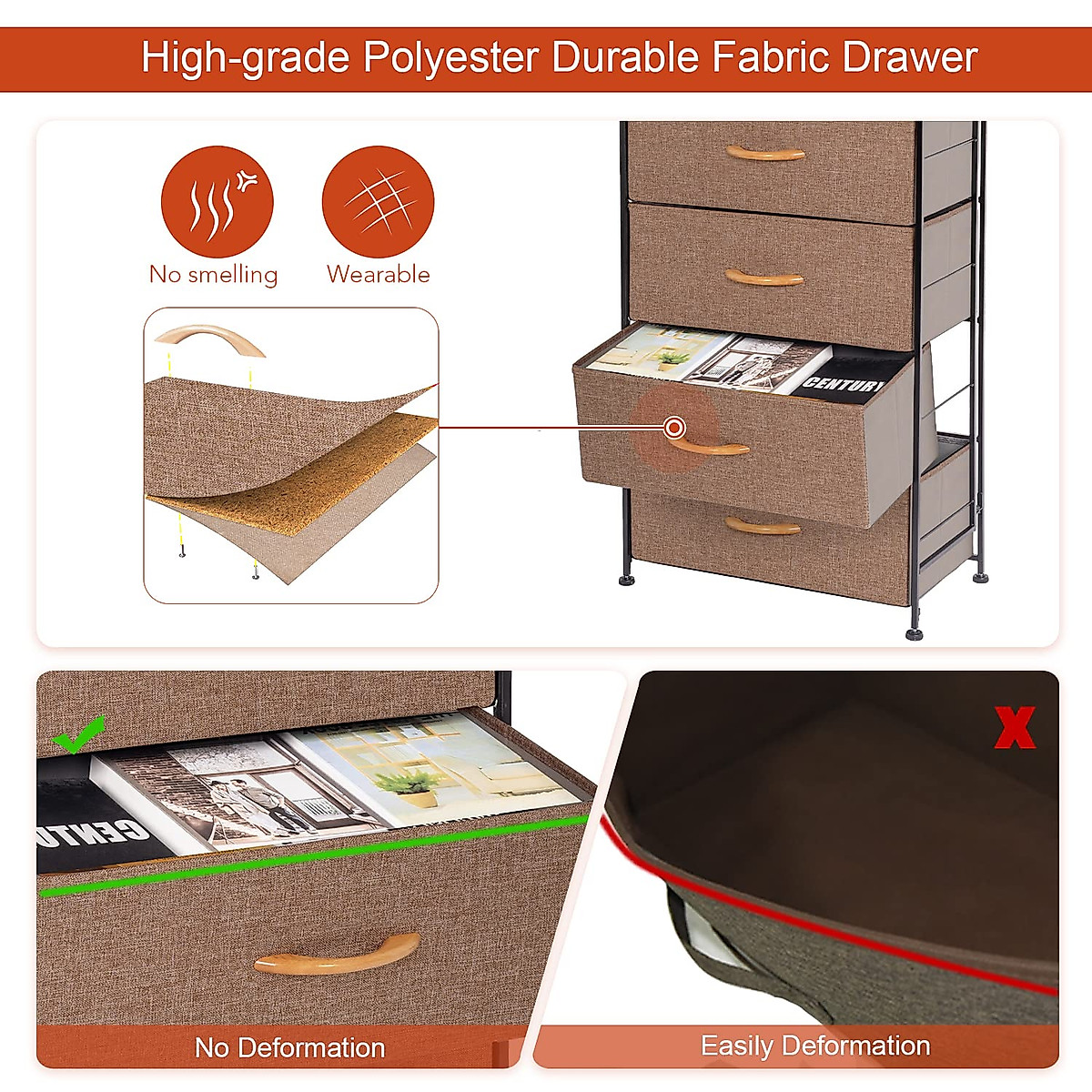 WAYTRIM Dresser Storage Tower, 4 Fabric Organizer Drawers, Wide Chest of Drawers for Closet Boys & Girls Bedroom, Bedside Furniture, Steel Frame, Wood Top, Fabric Bins, Easy Installation (Brown)