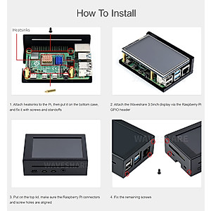 waveshare 3.5inch Display Aluminum Case for Raspberry Pi 4B, Compatible 3.5inch RPI LCD, with Heatsinks for Better Cooling, Precise Opening Design