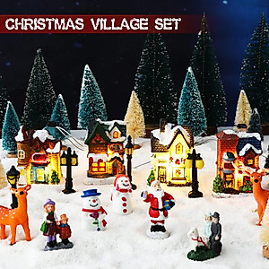 31 Pcs Christmas Village Figurines Decoration Set Lighted LED Christmas Village Houses with Figurines and Snow Blanket Roll for Christmas Town Scene Desktop Ornaments Battery Operated Landscape Decor