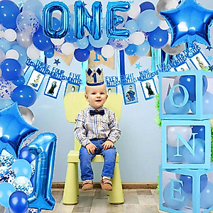 149 Pcs Boys 1st Bday Decorations Blue One Balloons Backdrop Boys One Year Old Birthday Balloons Garlands Arch Kit with Balloons Boxes for Boys First Birthday Baby Shower Party Supplies Decorations
