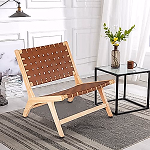 HeuGah Accent Chair,Woven Leather Midcentury Modern Accent Chair with High Back, Patio Lounge Chair, Cognac Leather and Natural Wood Recliner Chair for Living Room,Bedroom,Patio(Burlywood)