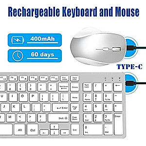 Wireless Keyboard and Mouse Combo Rechargeable USB Cordless Slim Compact Keyboard with Numeric Keypad and Ergonomic Silent Computer Mouse Set for Windows,PC,Laptop,MacBook,Chromebook-Silver White