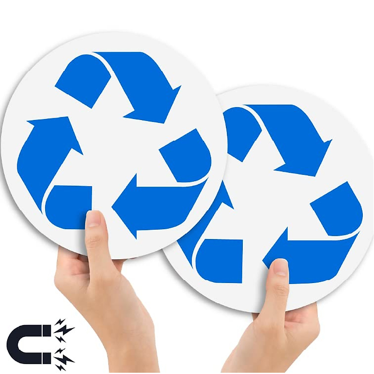 2 Pack (9in x 9in) Recycle Logo Magnet to Organize Your Trash - for Trash cans, Garbage containers and Recycle Bins - Magnet Decal (9in x 9in, Blue/White- Magnet)