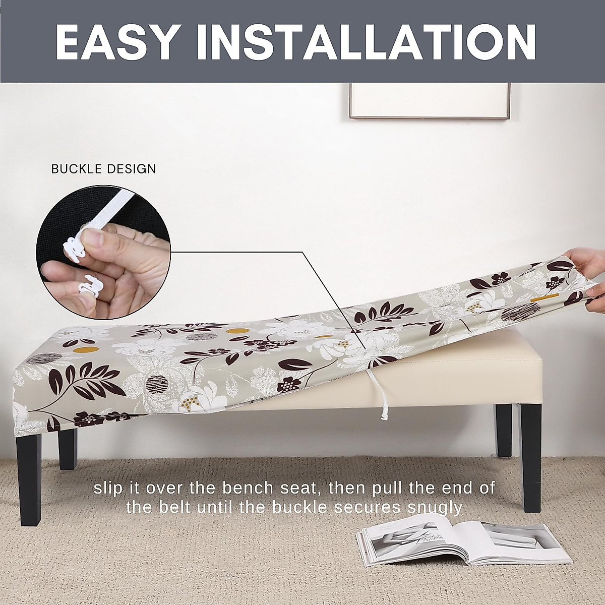 SearchI Brown Flower Stretch Dining Bench Cover, Washable, Protective, Durable Bench Seat Covers for Dining Room, Living Room, Kitchen