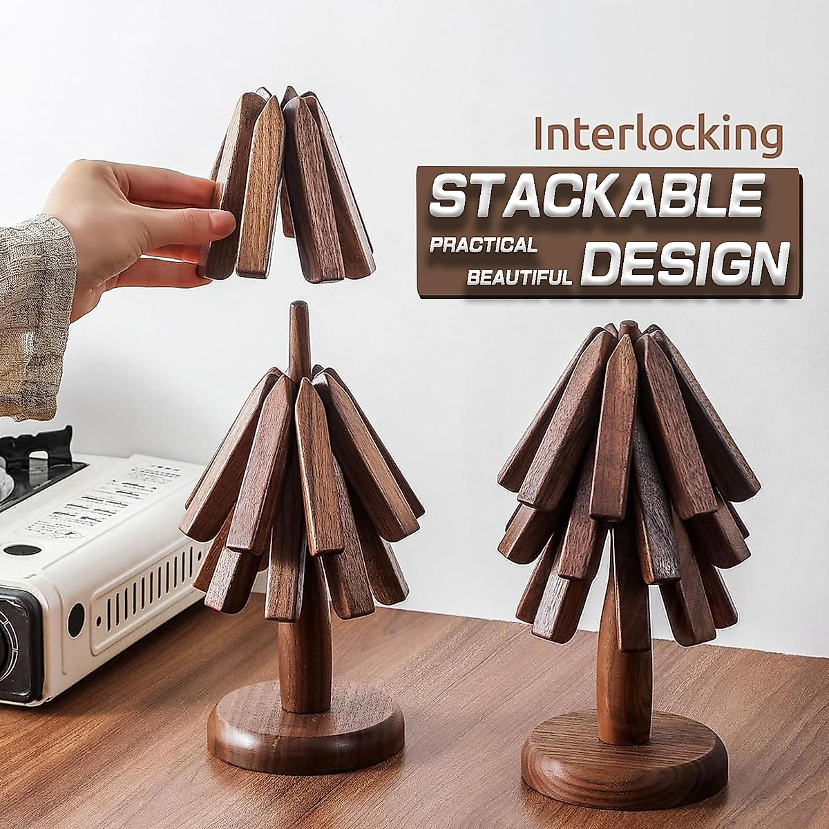 Natural Wood Trivets for Hot Dishes,Foldable Wooden Tree Trivet Hot Plate Mat,Set of 3 Walnut Wood Trivet Tree Hot Pads for Kitchen,Multifunction Wooden Trivets for Hot Pots and Pans for Quartz