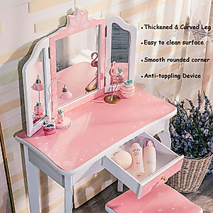 GAOMON Kids Vanity, Girls Vanity Table with Tri-Folding Mirror,Stool & Drawer, 2 in 1 Wooden Princess Makeup Desk Dressing Table, Toddler Vanity,Pretend Play Vanity Set for Kids