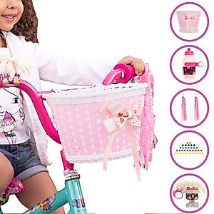 Girl’s Bicycle Decorations Set - Fun Bicycle Decor w/Beads, Rear View Mirror, Mounted Water Bottle, Handlebar Streamers & Basket - Complete Bike Decoration for Kids