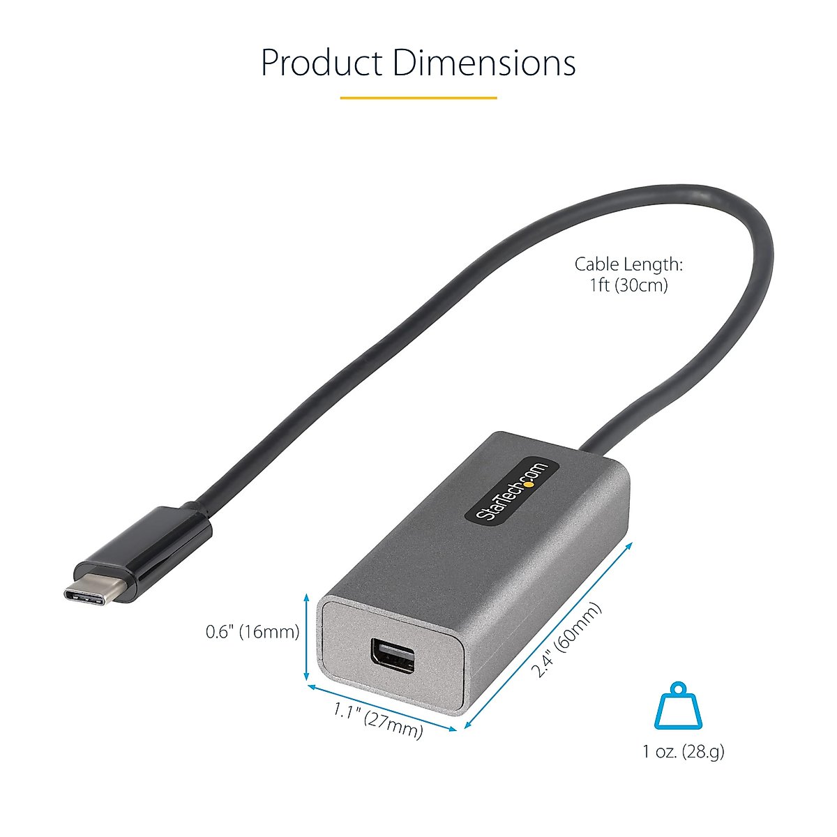 StarTech.com USB C to Mini DisplayPort Adapter, 4K 60Hz USB Type C to mDP/Mini DP Monitor Video Converter Dongle, Thunderbolt 3 Compatible, 12" Attached Cable, Upgraded Version of CDP2MDP (CDP2MDPEC)