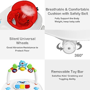BABY JOY Baby Walker, 2 in 1 Foldable Activity Behind Walker with Adjustable Height & Speed, Friction Control Functions, Safety Belt, High Back Padded Seat, Music, Detachable Penguin Play Bar (Red)