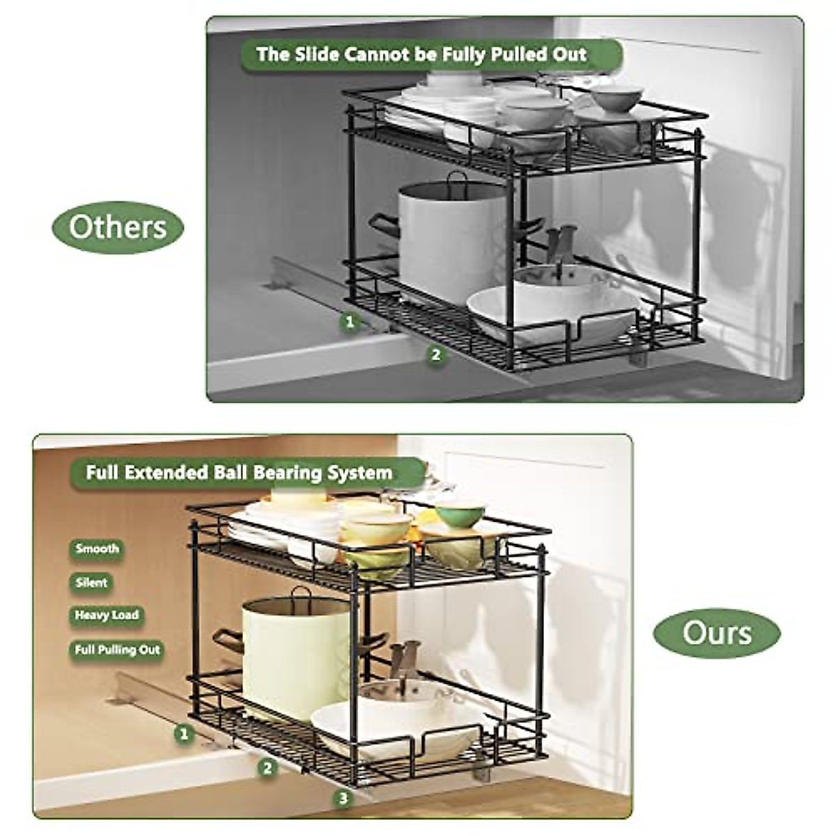 ROOMTEC Pull Out Cabinet Organizer 17" W x 18" D, Kitchen Cabinet Organizer and Storage 2-Tier Cabinet Pull Out Shelves Under Cabinet Storage for Kitchen Black