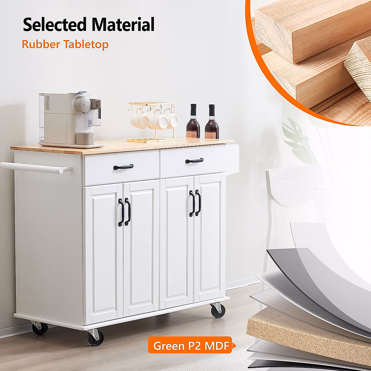 VINGLI Kitchen Island Cart with Storage on Wheels White Rolling Coffee Bar Trolley Buffet Cabinet with 4 Doors and 2 Drawers, Towel Handle, Spice Rack, Solid Wood Top, Lockable Castors