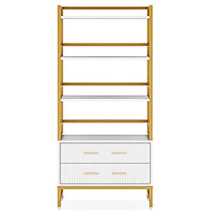 Tribesigns Bookshelf with Drawers, 65” Tall Ladder Shelf Bookcase with Storage, Modern White and Gold Bookcases and Book Shelves 4 Shelf Organizer, Metal Wood Book Shelving Unit for Bedroom, Office