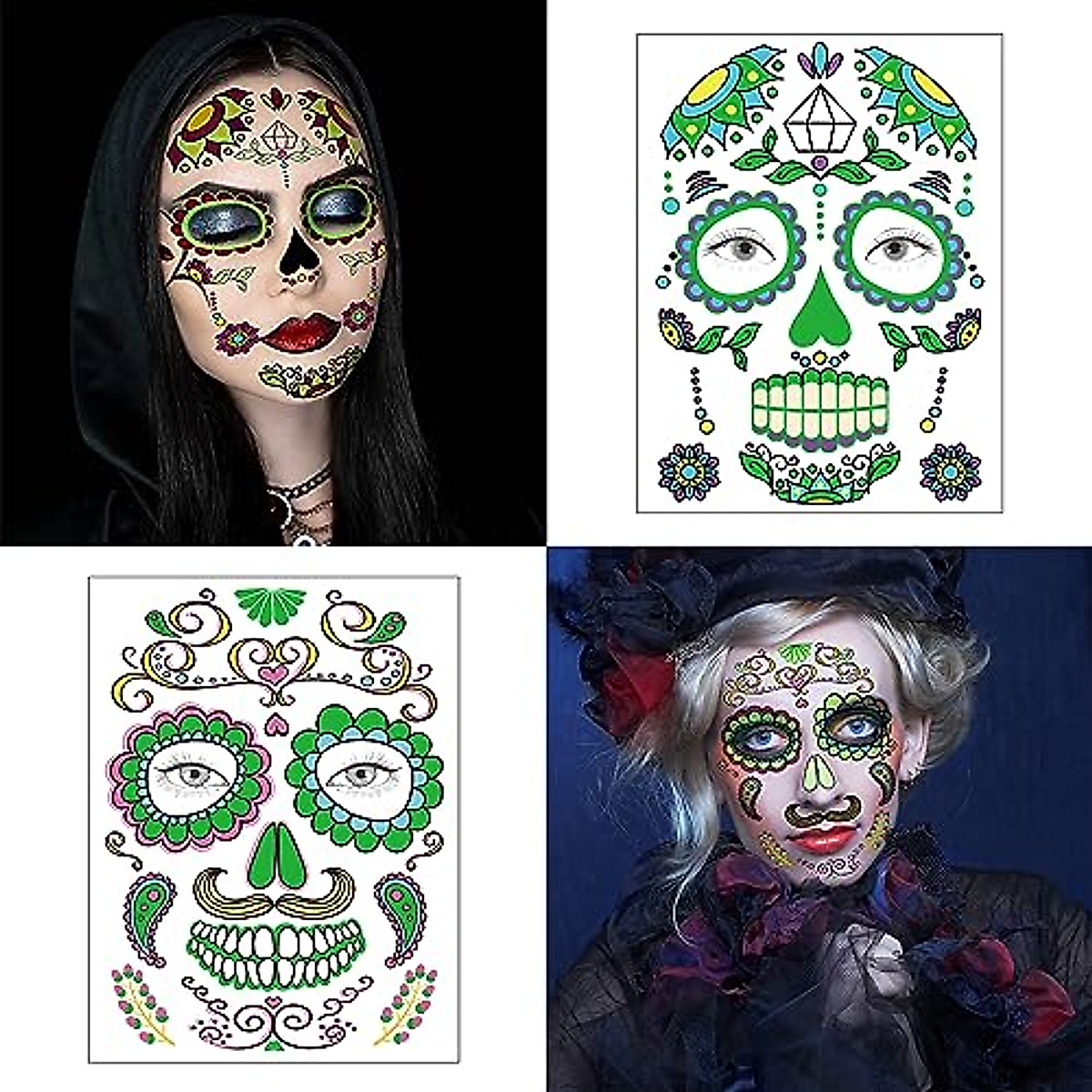 Temporary Face Tattoos, 6 sheets Day of the Dead Decorations Glow in The Dark,Sugar Skull Stickers Halloween Makeup for Men and Women (Face Tattoos)