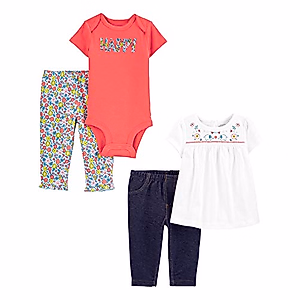Simple Joys by Carter's Baby Girls' 4-Piece Bodysuit and Pant Set, Happy Pack/Floral, 18 Months