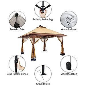 Suntime 12x12 Instant Pop Up Gazebo Canopy Tent Shelter with Solar LED Lights, Zippered Mesh Mosquito Netting, Wheeled Roller Carry Bag, Bonus Weight Sandbags, Stakes, Ropes - Brown