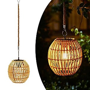 Livinlarge Hanging Solar Lantern Outdoor Waterproof, Large Solar Rattan Lantern Outdoor with Twine Handle, Bright Solar Outdoor Lights with Edison Bulb for Garden Patio Yard Decoration