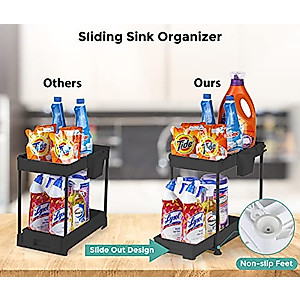 Under Sink Organizer, 2-Tier Sliding Under Sink Organizers and Storage Under Sink Storage for kitchen Under Cabinet Organizer with Hooks, Hanging Cup, Dividers