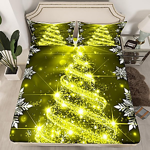 Christmas Tree Bed Sheets Full Size Christmas Themed Fitted Sheet 3 Piece Happy New Year Xmas Bed Set White Snowflake Winter Themed Bedding Set Santa Claus Gifts Bedding