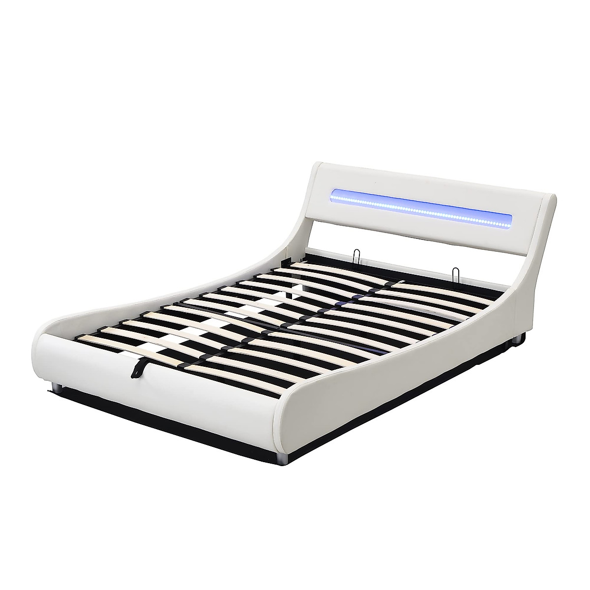 Low Profile Upholstered Platform Bed with LED Lights Headboard, Hydraulic Lifting Under Bed Storage, Modern Curved PU upholstered Low Profile Platform Bed Frame for Kids Teens Adults (White, Full)