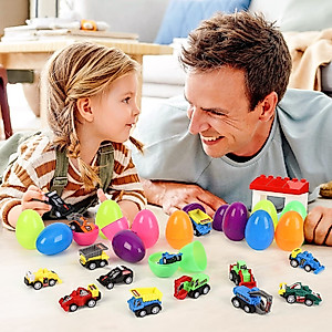 12 Pcs Easter Eggs Prefilled with Pull Back Cars for 3-6 Year Old Boys, Pull Back Construction Vehicle and Race Car for Easter Party Favors, Easter Basket Stuffers, Easter Egg Fillers,Easter Eggs Hunt