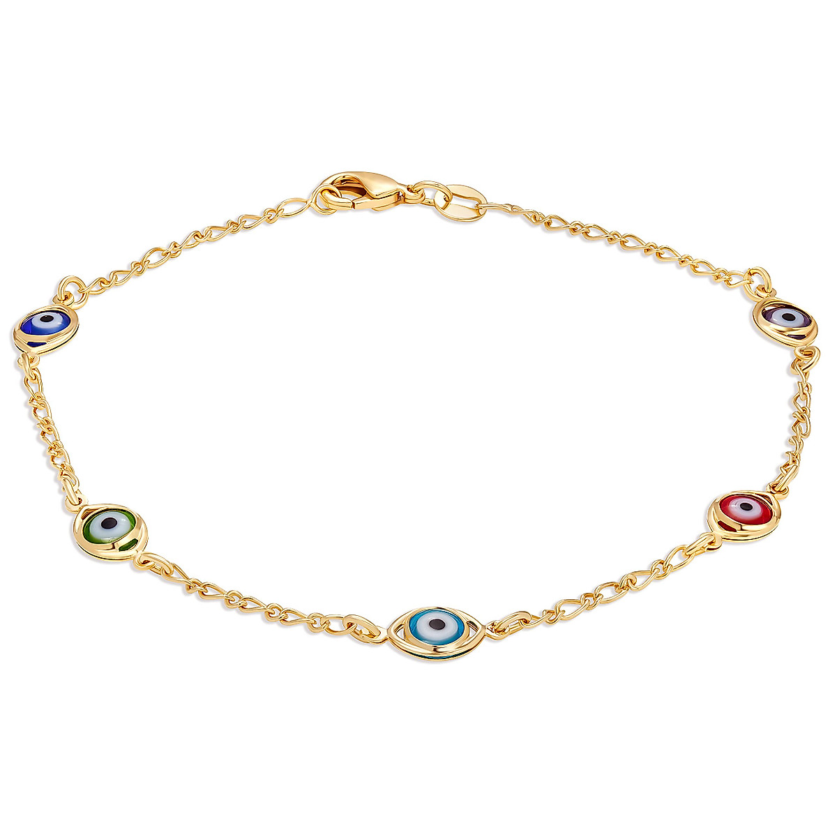 Barzel 18K Gold Plated Multi Color Evil Eye Anklet For Women, 10 Inches - Made in Brazil
