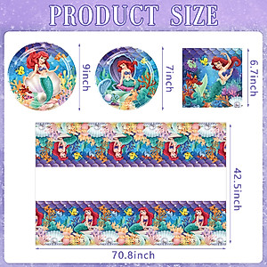61 PCS PCS Mermaid Birthday Party Supplies, Princess Ariel Tableware Set Includes 40 PCS Plates, 20 PCS Napkins, 1 Tablecloth, for Boys Girls Birthday Party Baby Shower Decorations