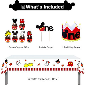FVABO Mickey 1st Birthday Party Supplies Include Backdrop, Balloons Garland Arch, Welcome Hanger, Banner, Crown, Tablecloth, Cake Topper, Tassels, Mickey Theme Mouse Baby Shower Party Decorations