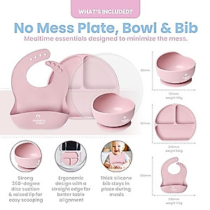 MiMiful Baby Led Weaning Supplies - 6+ Month Silicone Baby Feeding Set, First Stage BWL utensils Dinnerware,Toddler Plate Bowls Set, Spoon, Fork, Lid, Suction Bowl & Cup, Platos Para Bebes (SoftPink)