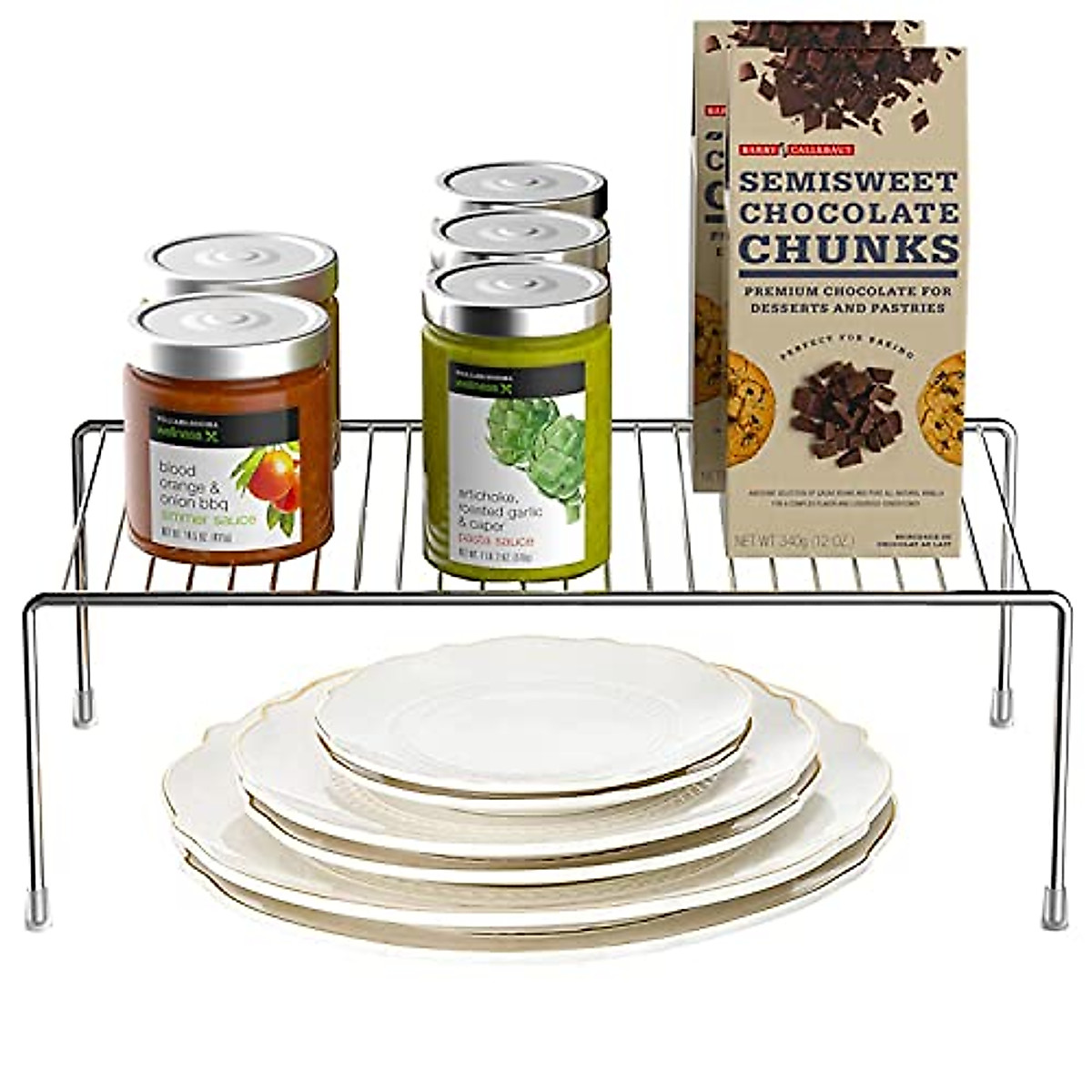 GEDLIRE Kitchen Cabinet Shelf Organizer Set of 2, Large (15.7 x 9.4 inch) Metal Wire Pantry Storage Shelves, Dish Plate Racks for Cabinets, Freezer, Counter, Cupboard Organizers and Storage, Chrome