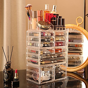 Cq acrylic 4 Pack Clear Makeup Organizer Countertop,Stackable 12 Drawers Skincare Organizer,Cute Skin Care Organizer for Vanity Hair Clip,Jewelry,Beauty Product Desk and Make Up Organizers for Vanity