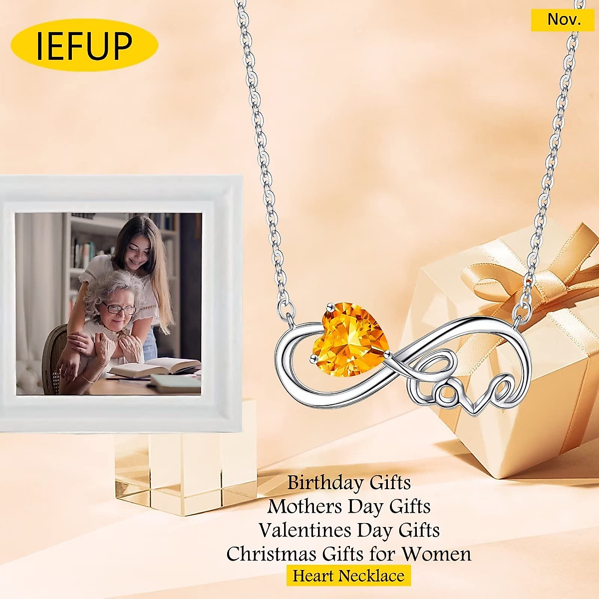 IEFUP Birthstone Necklace for Women, S925 Sterling Silver Citrine Necklace November Birthstone Necklace November Birthstone Jewelry Birthday Gifts for Women Jewelry for Women Gifts for Women