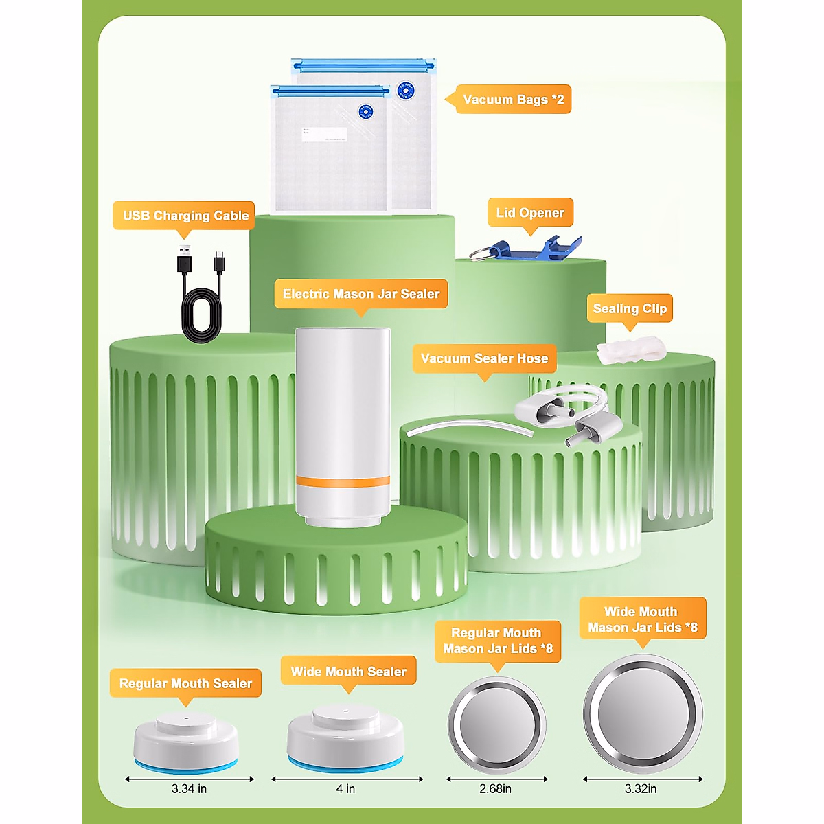 Electric Mason Jar Vacuum Sealer Kit with 16 Jar Lids, Jar Vacuum Sealer for Mason Jars with Lid Opener and 2 Reusable Vacuum Sealer Zipper Bags for Wide and Regular Mouth