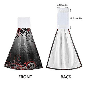 Oyihfvs Red Black Grey Floral Leaf Swirl Abstract Background 2 Pcs Hanging Kitchen Hand Towels, Hanging Tie Towels with Hook & Loop Dishcloths Sets, Decorative Absorbent Tea Bar Bath Hand Towel