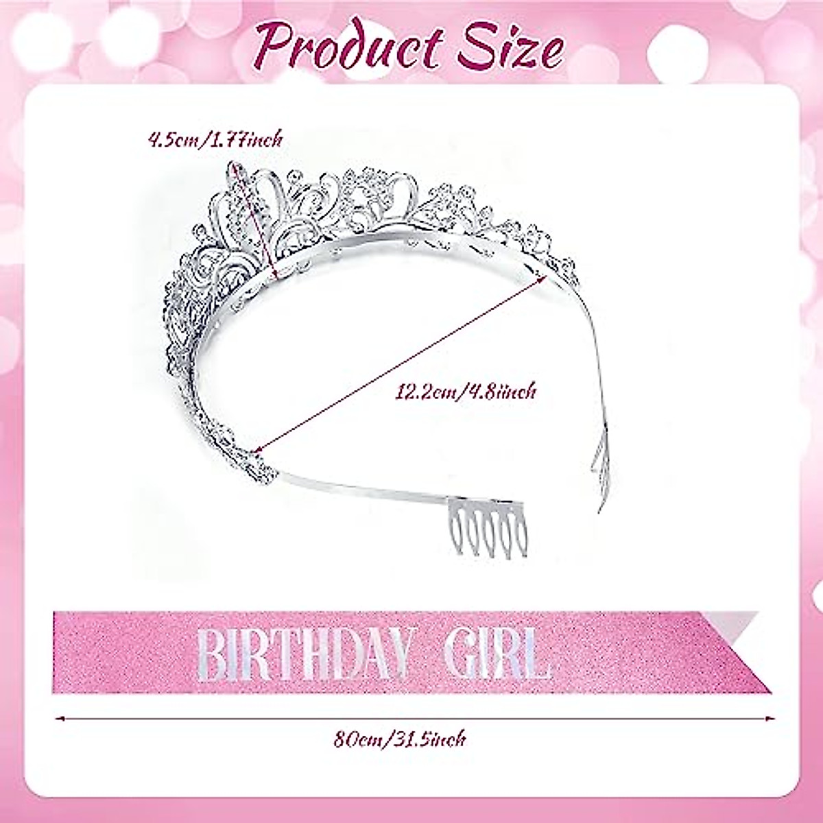 Birthday Girl Sash and Crown Set, Rhinestone Birthday Girl Headband Glitter Princess Birthday Sash And Crowns for Women Happy Birthday Tiara Accessories Favors (pink)