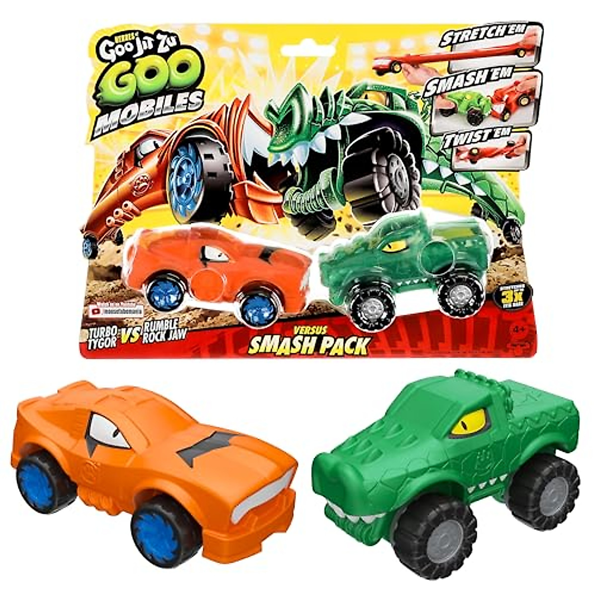 Heroes of Goo Jit Zu Goo Mobiles Versus Pack Turbo Tygor VS Rumble Rock Jaw. Two Stretchy, Squishy Vehicles. Stretch 'Em, Smash 'Em, Twist 'Em!