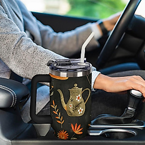 YTLKGFP 40 Oz Large Capacity Car Cup Plants And Teapot Tumbler with Handle (Black) Straw Lid Insulated Stainless Steel Water Bottle Travel Mug Leak-proof Car Cup Keeps Cold Or Hot