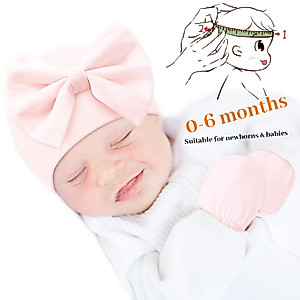 Newborn Hospital Hats Gloves Baby Infant Bow Beanie Cotton Caps No Scratch Hat Mittens Set for 0-6 Months