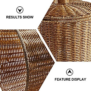Tofficu Plastic woven wastebasket Woven Storage Baskets with Lid Laundry Basket Paper Waste Basket Garbage Container Bin for Home desktop garbage bin Office rattan storage basket