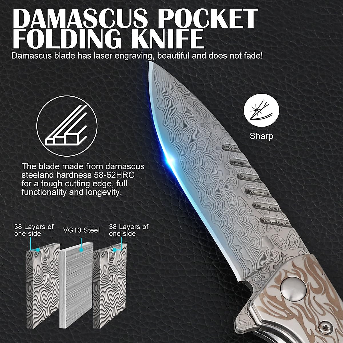 Cottonbell Damascus Pocket Knife for Men Women, Unique Abalone Seashells Handle Folding Knives,EDC Knife Survival Knife with Safety Liner Lock
