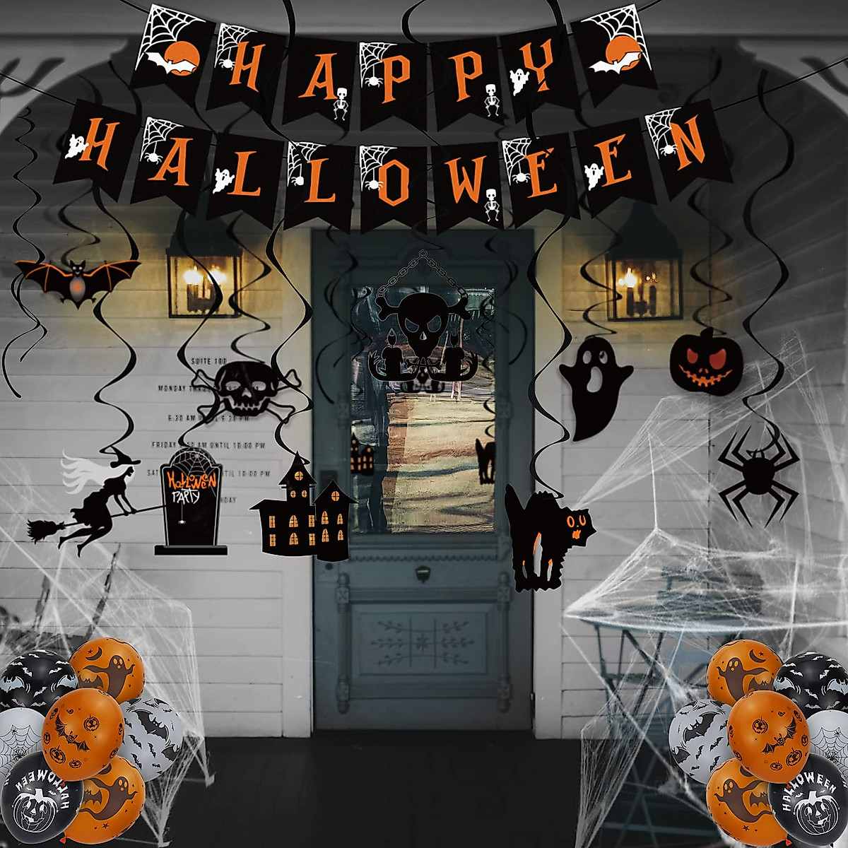 Halloween Party Hanging Decorations Kit- Halloween Hanging Swirl, Halloween Banner, Halloween Balloons with Halloween Spider Web Stretchable Cobweb for Halloween Indoor Outdoor Decoration