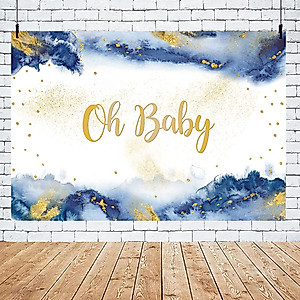 MEHOFOND 7x5ft Soft Fabric Oh Baby Backdrop for Boys Royal Blue Watercolor Pastel Clouds Baby Shower Photography Background Blue Clouds Gold Glitter Dots Party Decorations Cake Smash Photo Props