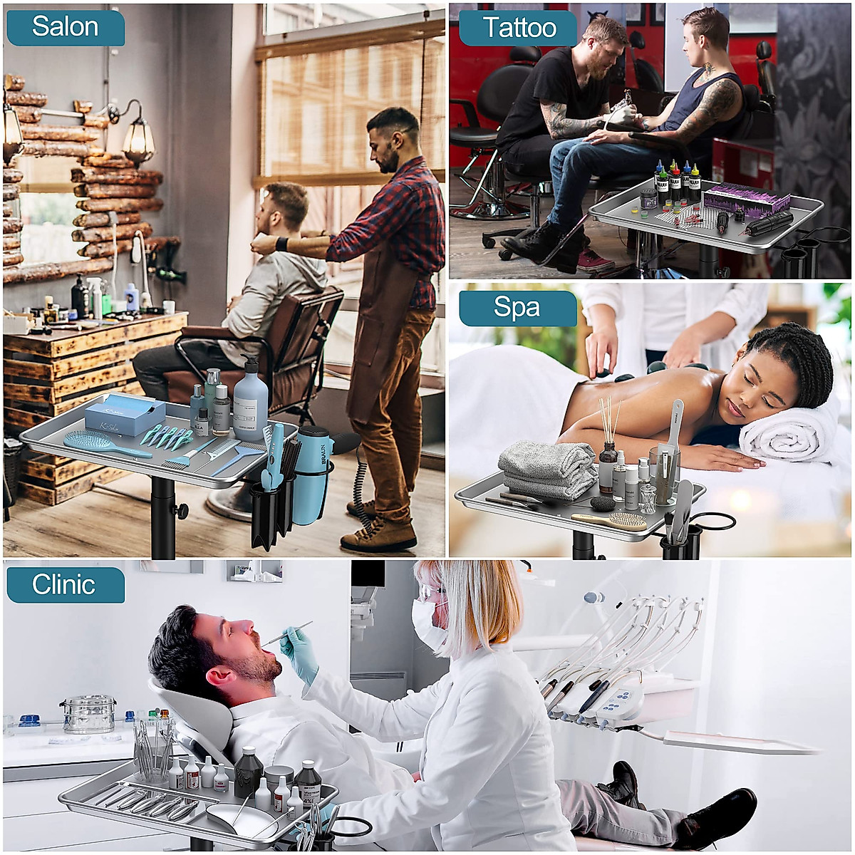 Premium Aluminum Instrument Salon Tray W/Accessory Caddy Tattoo Rolling Tray Station Height Trolley Beauty Tool