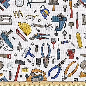 Ambesonne Construction Fabric by The Yard, Repairing Tools with Hammer Jigsaw Pliers Rivet Screwdriver Manly Craft Layout, Decorative Fabric for Upholstery and Home Accents, 2 Yards, Multicolor