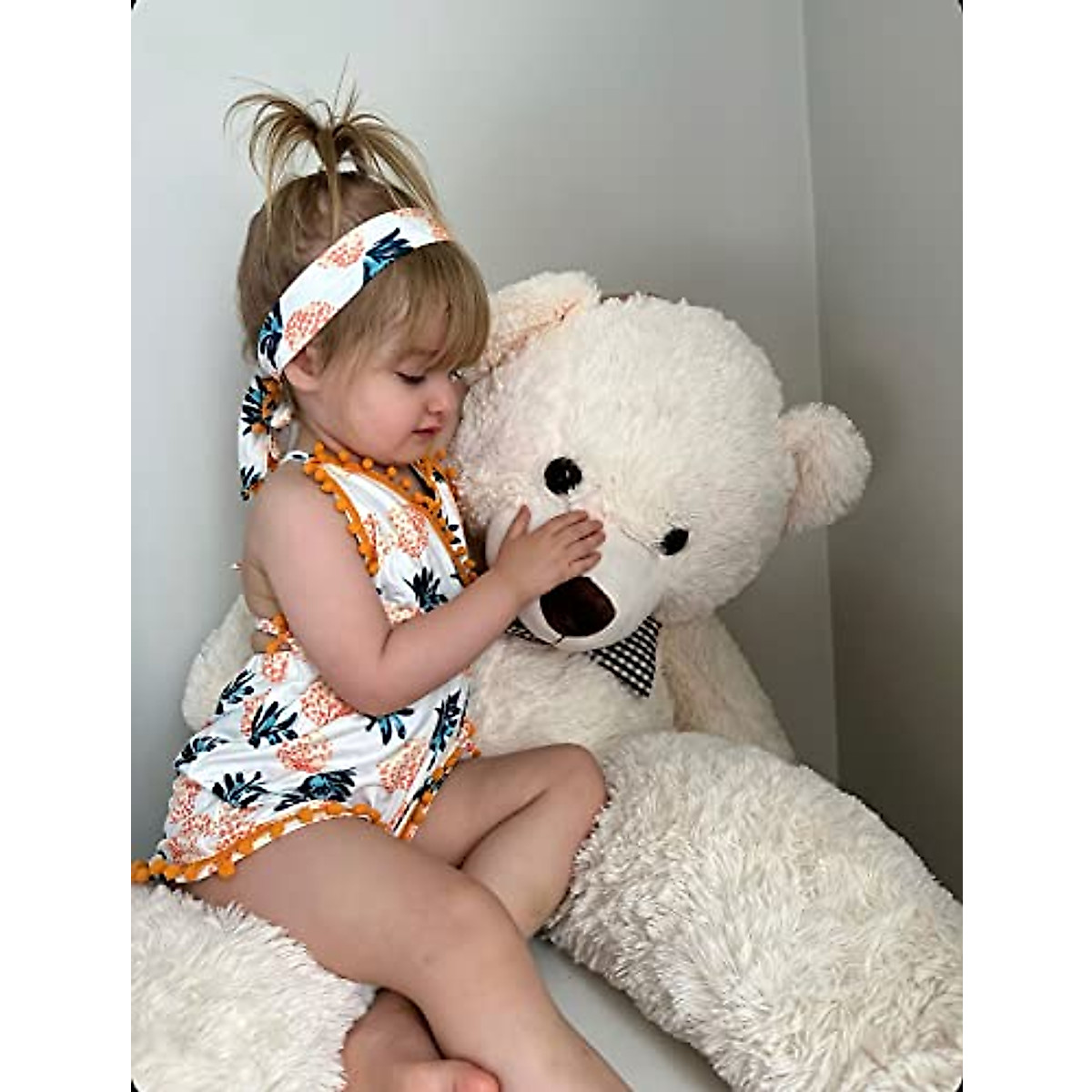 UNICOMIDEA 18-24 Months Toddler Girls V Neck Clothes Novely Pinapple Print Jumpsuits Sleeveless Outfit Set Strap Backless Pompom Bodysuit with Bow-Knot Headband for 2 Years Old's Kids